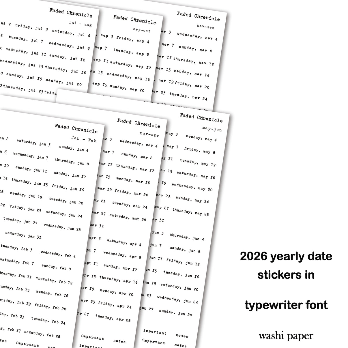 2026 Dates Sticker Bundle - Vintage Type Writer Font